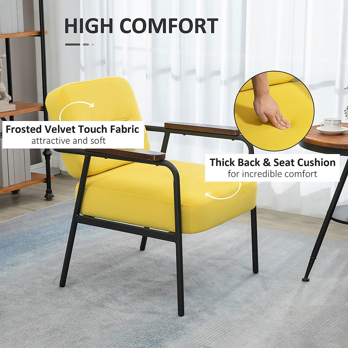 HOMCOM Modern Accent Chair with Cushioned Seat and Back, Upholstered Velvet Armchair for Bedroom, Living Room Chair with Arms and Steel Legs, Yellow