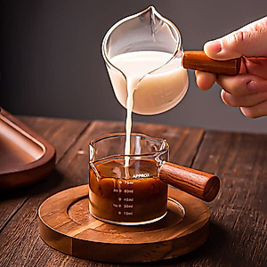 Espresso Shot Glass 75ML Double Spouts Espresso Measuring Cup Milk Cup Espresso Accessories with Wood Handle for Barista Coffee Espresso Making (2 Pack)