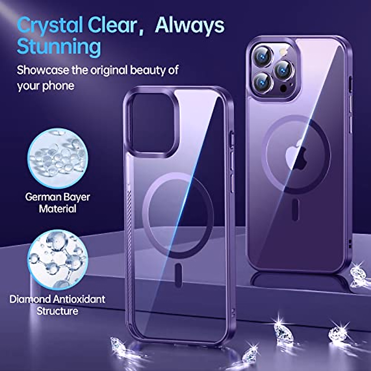 JUESHITUO for iPhone 14 Pro Case [Not Yellowing] [10FT Military Grade Protection] [No.1 Strong Magnets] Magnetic Slim Clear Compatible with iPhone 14 Pro Protective Case 6.1 inch 2022, Deep Purple