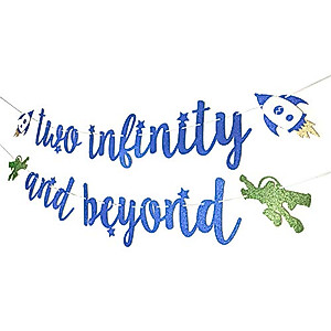Dark Blue Glitter Two Infinity and Beyond Banner Pre-strung for Kids' 2nd Birthday Party Decorations