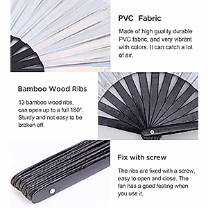 Gionforsy 1pcs Rave Hand Fan Bamboo Holding Hand Fan Large Folding Fan with Bright Color Fabric Folding Fan for Festival (1PC-Style4 Silver)