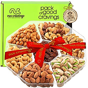 Mixed Nuts Gift Basket + Heart Ribbon (7 Assortments) Purim Mishloach Manot Gourmet Food Bouquet Arrangement Platter, Birthday Care Package Tray, Healthy Kosher Snack Box, Her Him Women Men