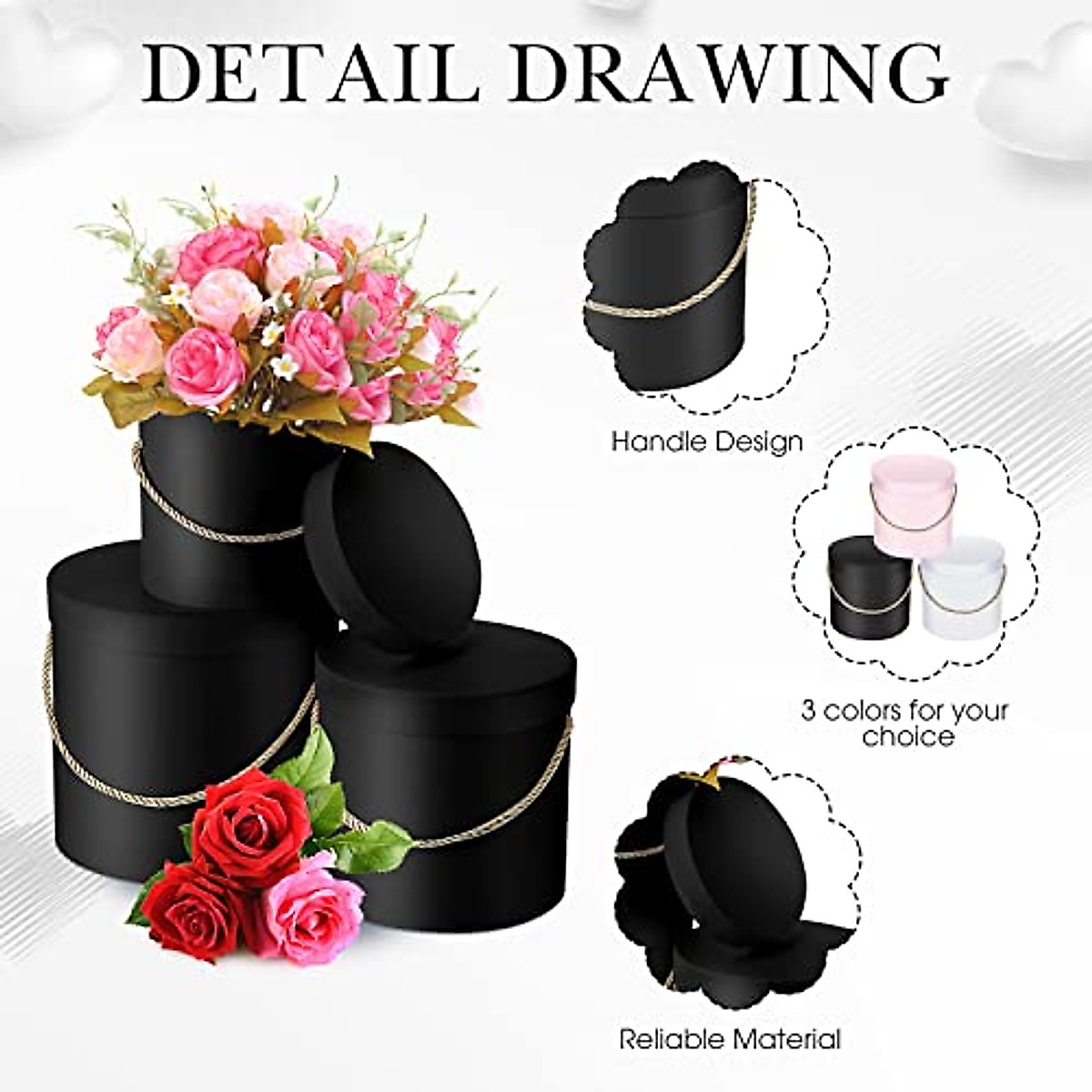 Skylety 6 Pcs Round Flower Boxes with Lids Nesting Gift Boxes with Handle for Flowers Arrangement Assorted Sizes for Mother's Day, Bridesmaid, Wedding, Birthday, Baby Shower(Black)