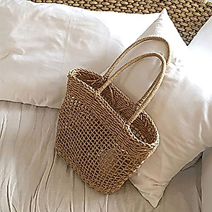 SHERCHPRY Bag for Handbag Women Summer Sea Hand-woven Travel Basket Straw Beach Vacation Woven Fashion Tote Bags Hollow-out Top-handle Clutch Rattan Khaki