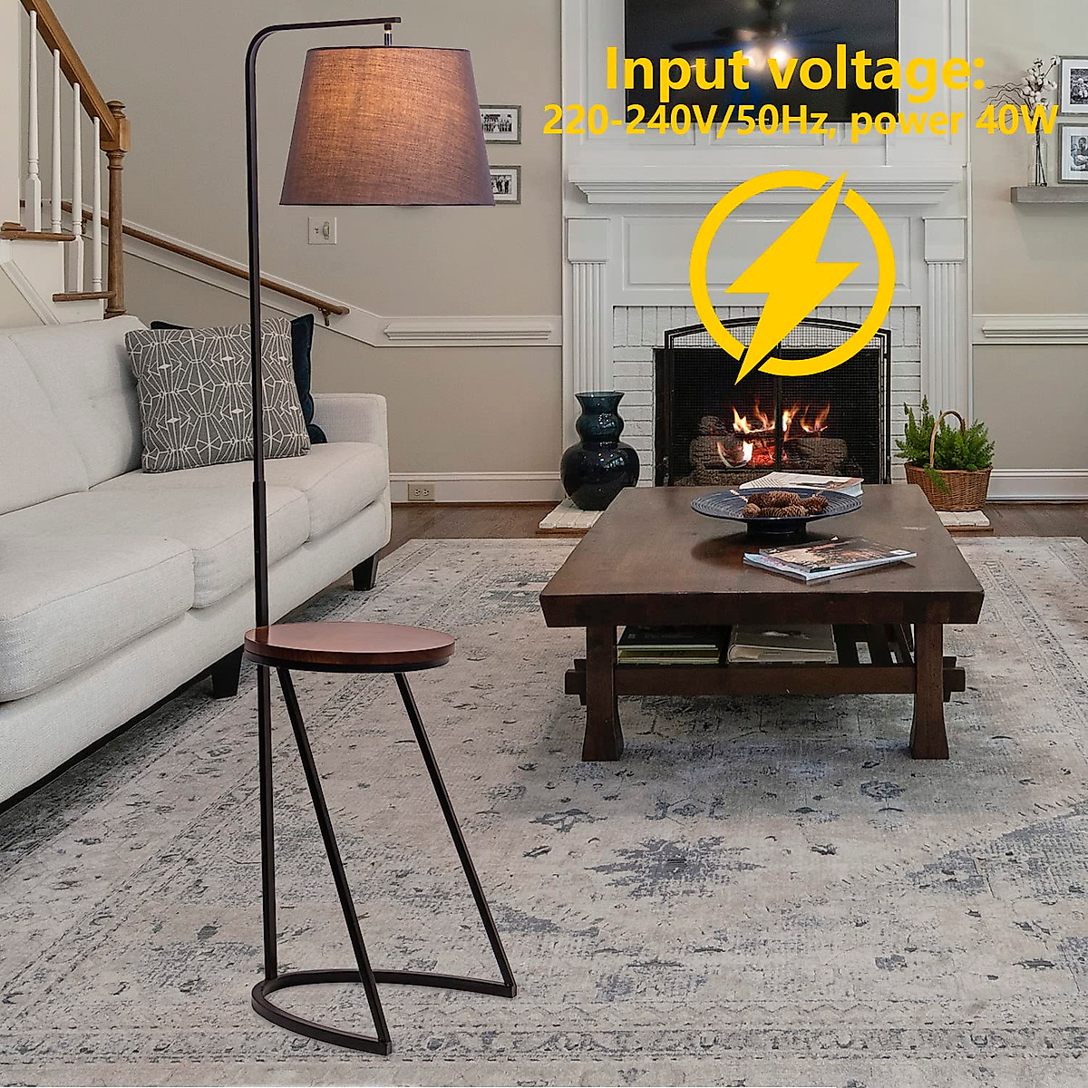 Nightstand End Table with Standing Reading Light, Rustic Brown Shade Fabric Shade Floor Lamp with Side Table, 2 in 1 Wood Bedside Floor Light for Living Room Sofa Bedroom Guest Room, 65" H (No Bulb)