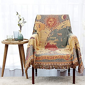 MayNest World Map Throw Blanket Reversible Hippie Bohemian Vintage Yellow Red Knitted Large Fringed Cotton Woven Tapestry Colorful Boho Fantasy Rug Sofa Loveseat Chair Recliner Couch Cover (S: 51x71)