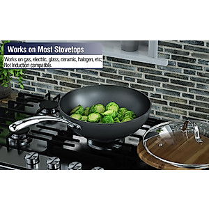 Cooks Standard Nonstick Stir-Fry Wok Pan 11-Inch, Hard Anodized Deep Frying Pan with Glass Lid, Flat Bottom, Black