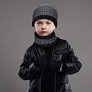 Kids Winter Hat Glove Scarf Sets Knitted Toddler Cap Beanie All Fingers Gloves Mitten Neck Warmer for Boys Girls (Black, Grey)