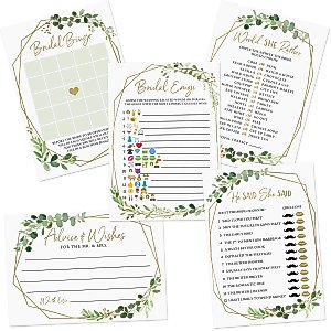 Printed Party Bridal Shower Game Set – 5 Fun Games and Activities for 50 Guests, Includes Bingo, Trivia, and Advice Cards, Botanical Greenery Wedding Shower Games