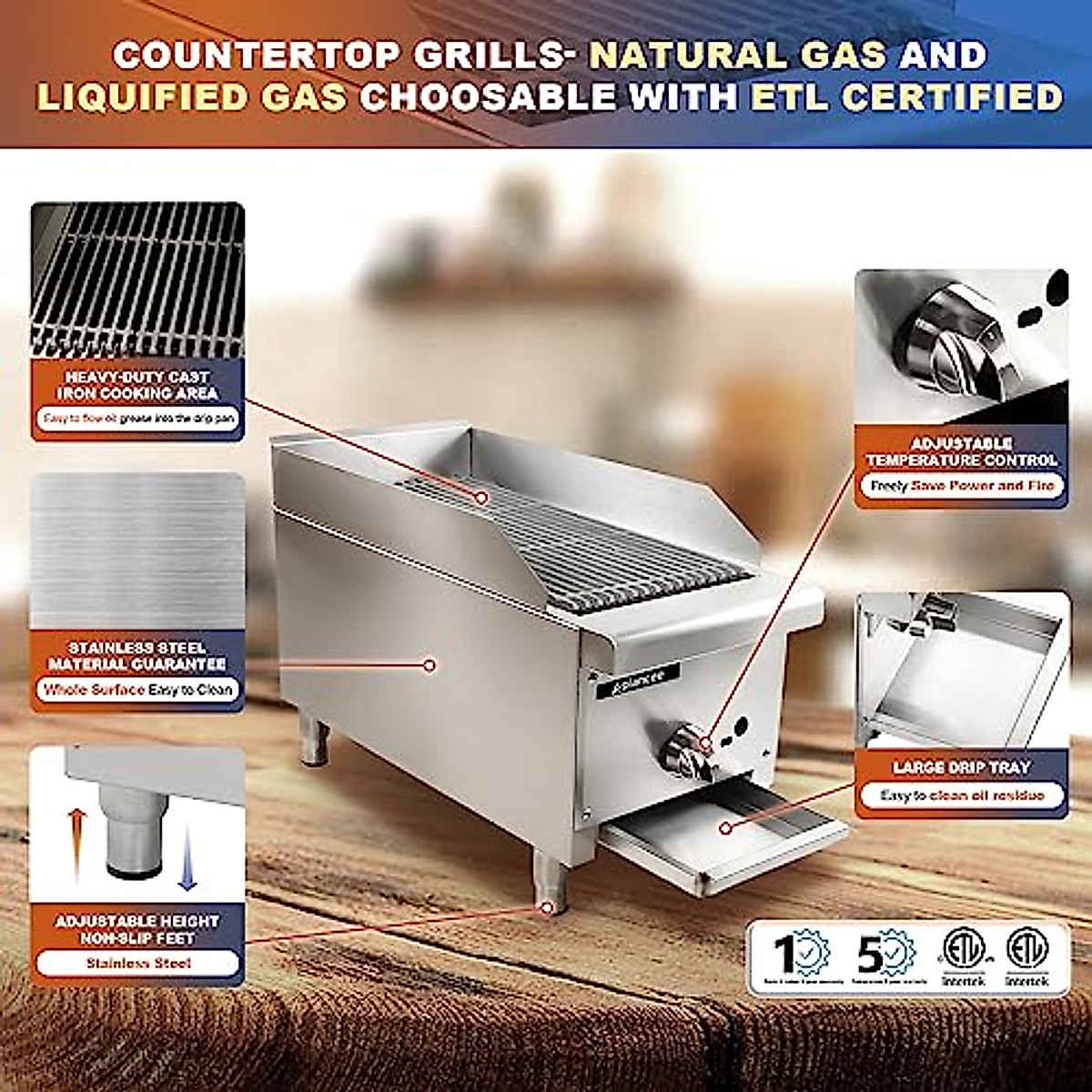 Aplancee Commercial Charbroiler 12" Natural and Propane Gas Grill Heavy Duty Countertop Griddle 1 Burner 28,000 BTU ETL Certified Commercial Cooking Equipment