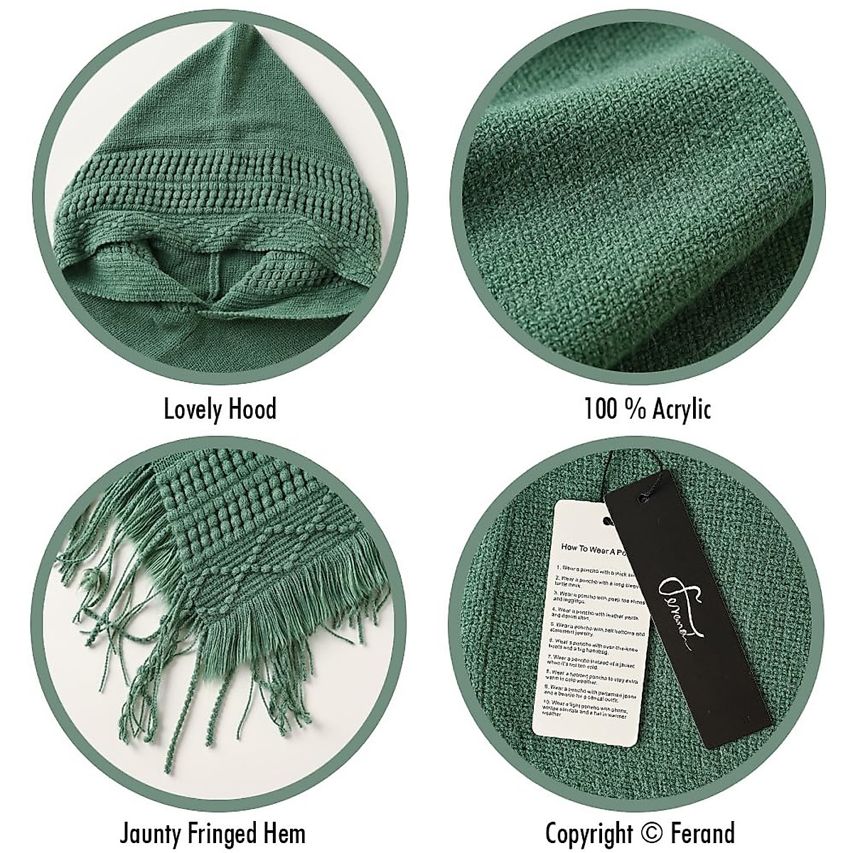 Ferand Ladies' Hooded Cape with Fringed Hem, Crochet Poncho Knitting Patterns for Women, One Size, Light Green