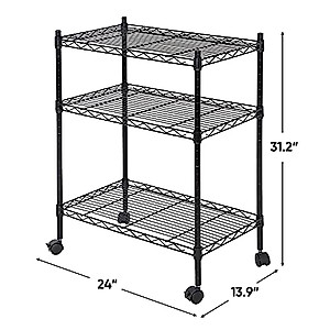 ZenStyle 3-Tier Adjustable Shelving Unit, Commercial-Grade Steel Wire Shelving Rack with 3" Wheels, Heavy Duty Storage Chrome Shelves for Garage, Kitchen, Living Room, 24" W x 14" D x 32.75" H, Black