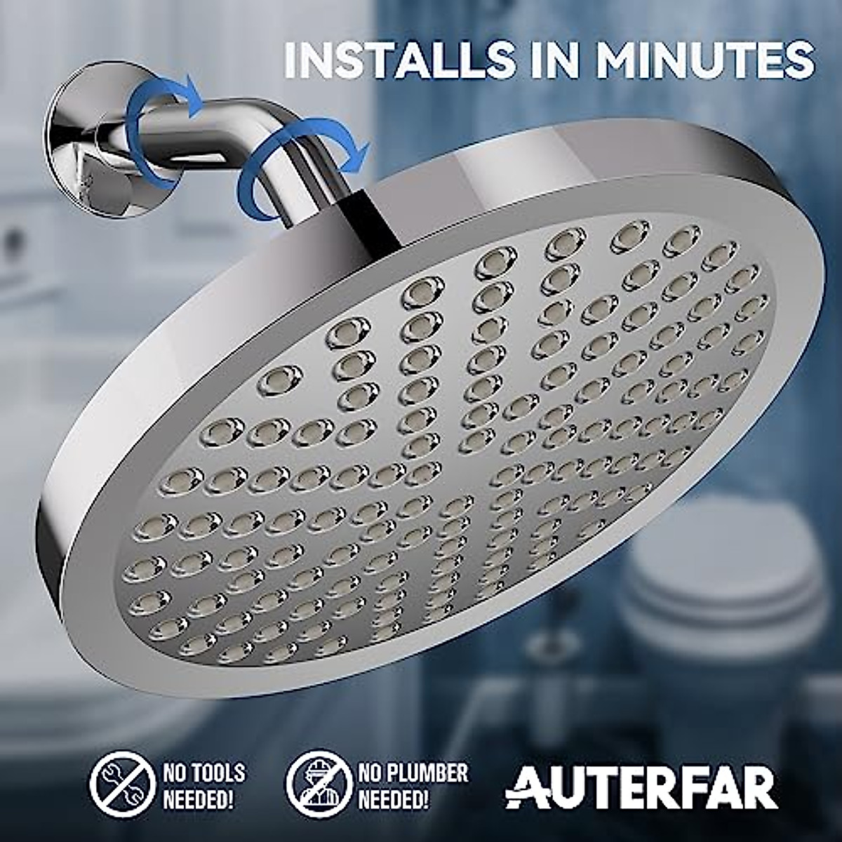 Auterfar Shower Head High Pressure | 8" Large Rain Shower Head | Luxury Shower Experience | Chrome Plated Finish and Adjustable Angles | 126 Anti-Clogging Silicone Nozzles Fixed Showerhead