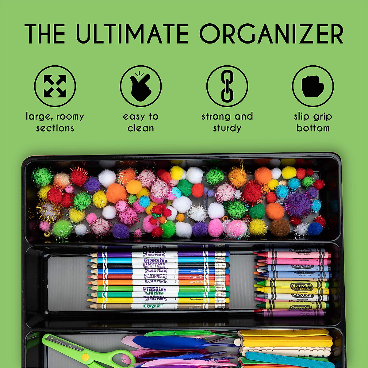 LIVORINI Kitchen Utensils Organizer | Utensil Tray Holder | Large Non-Slip Cutlery Drawer Organizer, 3 Compartment Multi-Purpose Home Organization, Black Utensil Organizer