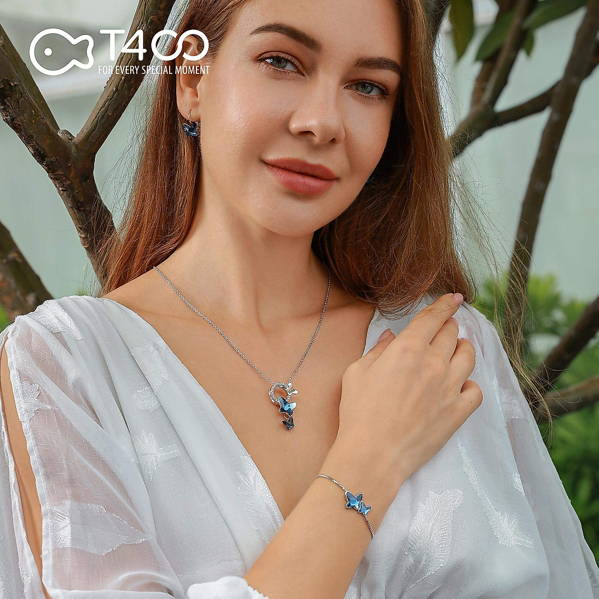 T400 Blue Purple Pink Butterfly Crystal Pendant Necklace Birthday Gift for Girls Women