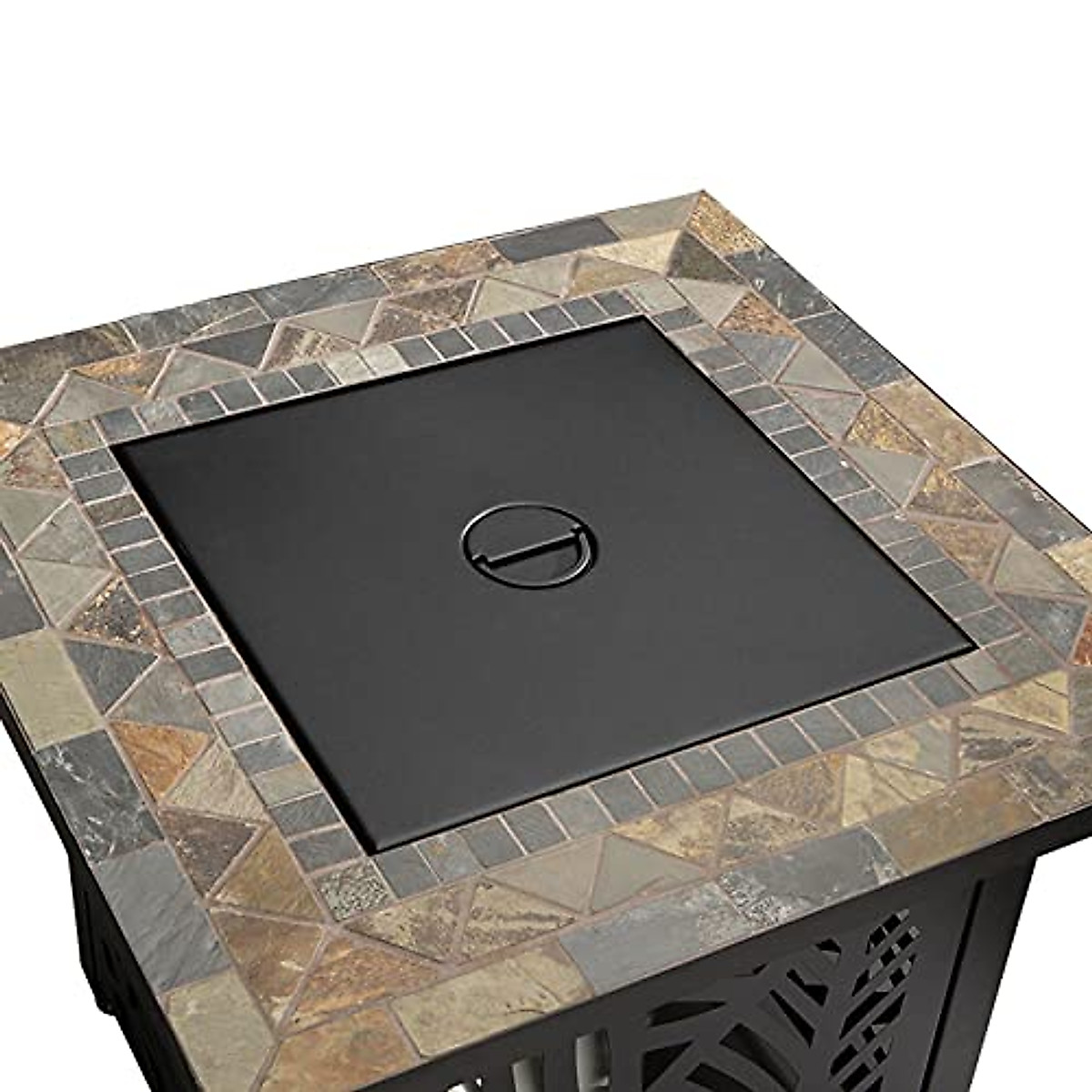 Endless Summer 30 Inch Square 50,000 BTU LP Gas Outdoor Fire Pit Table with Slate Tile Mantel, Cut Out Design, Fire Glass, and Cover, Brown Multi