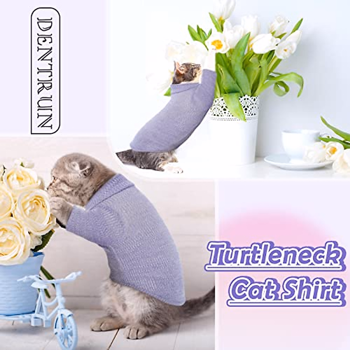 DENTRUN Sphynx Hairless Cats Shirt Pullover Kitten T-Shirts, Breathable Cat Wear Turtleneck Sweater Adorable Cat's Clothes Vest Pajamas Jumpsuit