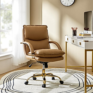 HULALA HOME Office Desk Chair, Leather Adjustable Swivel Computer Chair with Golden Legs and Padded Arms, Comfy Upholstered Task Chair, Camel