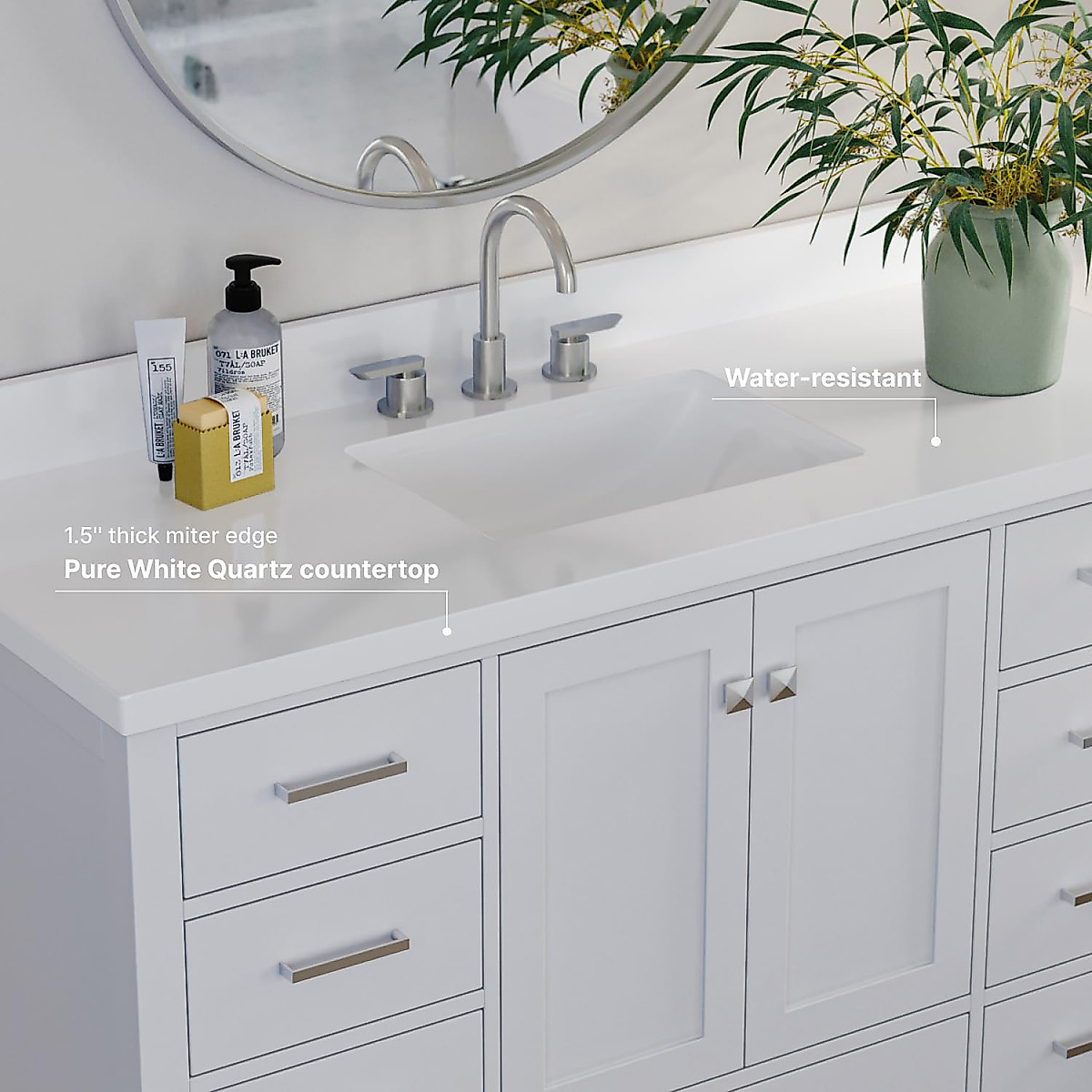 ARIEL Cambridge 55" White Bathroom Vanity with Sink, 1.5" Edge Pure White Quartz Countertop & Backsplash, Center Rectangular Sink, 2 Soft Closing Doors, 9 Full Extension Dovetail Drawers
