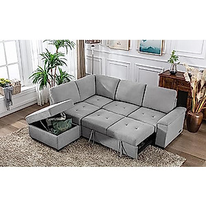 L-Shaped Corner Sleeper Sectional Sofa W/ Pull Out Cozy Sleep Couch Bed, Modern Practical Sectional & Sofa with Storage Ottoman ,Hidden Arm Storage and USB Charge for Home Apartment Living Room Sets