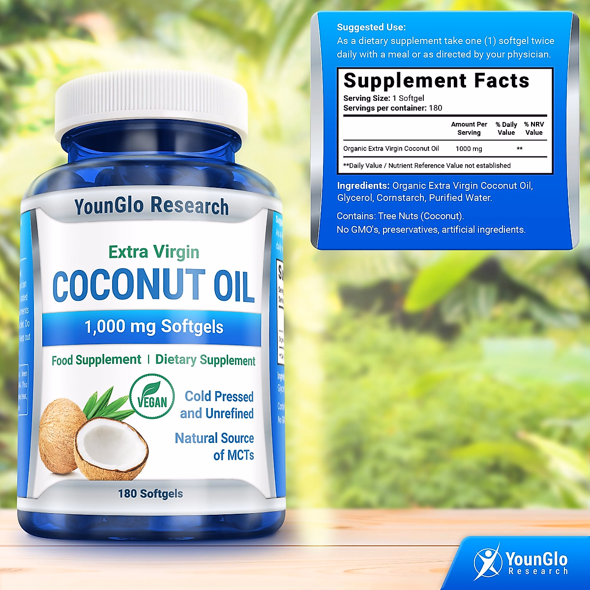 YounGlo Research Coconut Oil 1000 mg 100% Cold-Pressed Organic Extra Virgin Coconut Oil 180 Vegan Softgel Capsules Keto-Friendly Dietary Supplement Support for Hair, Nails & Skin Health