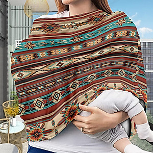 JOAIFO Nativa American Indian Tribal Aztec Stripe Geometry Print Nursing Cover Breastfeeding Scarf Southwest Red Pattern Baby Car Seat Covers, Infant Canopy Stroller Coverage for Girls Boys
