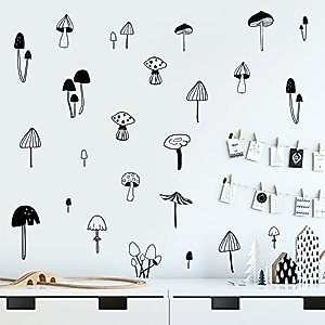96 Pcs Mushroom Wall Stickers Cute Mushroom Wall Decals Black Removable Peel and Stick Wall Sticker for Kids Nursery Bedroom Room School Classroom Decor