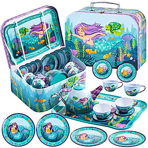 JOYIN Mermaid Tea Set for Toddlers Tea Party Set for Children Kids Pretend Role Play Tin Teapot Set with Cups, Plates and Carrying Case Kitchen Toy for Little Girls Birthday Gifts Age 3 4 5 6