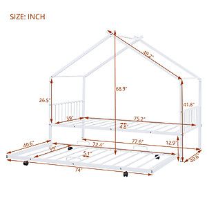 Guxeei Twin Size Metal House Bed, Modern Design Bed Frame with Trundle for Bedroom, Wood Slat Support, No Box Spring Needed, Easy Assembly (White)