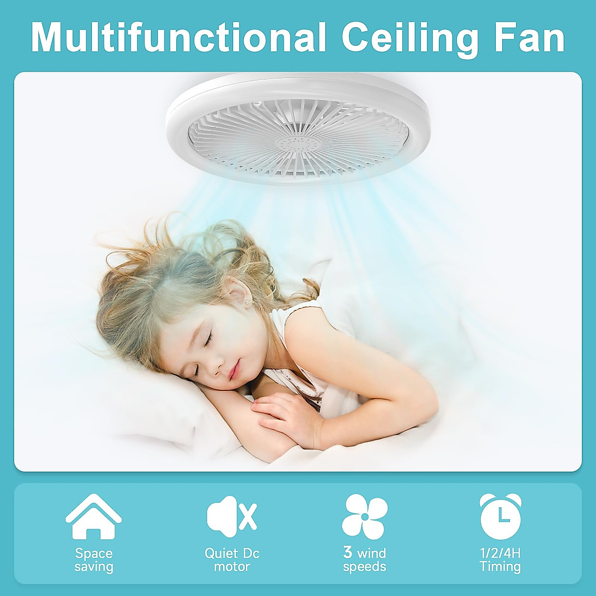 Ceiling Fan with Lights and Remote - Small Ceiling Fan Light 10 inch Bladeless Screw in Socket Fan Dimmable 3 Colors LED Lights E27 Base Mini Fandelier Ceiling Fan for Bedroom Kitchen Indoor White