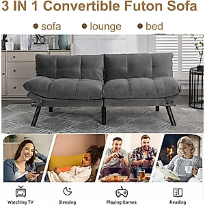 Modern Velvet Futon Couch Bed,Convertible Loveseat Sofa Sleeper with Adjustable Backrests and Folding Armrest for Living Room Bedroom Office Apartment(Light Grey)