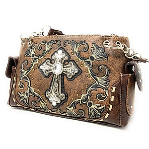 Western Premium Suede Leather Cross Buckle Floral Women's shoulder handbag Wallet Set (Coffee Floral Cross Set)