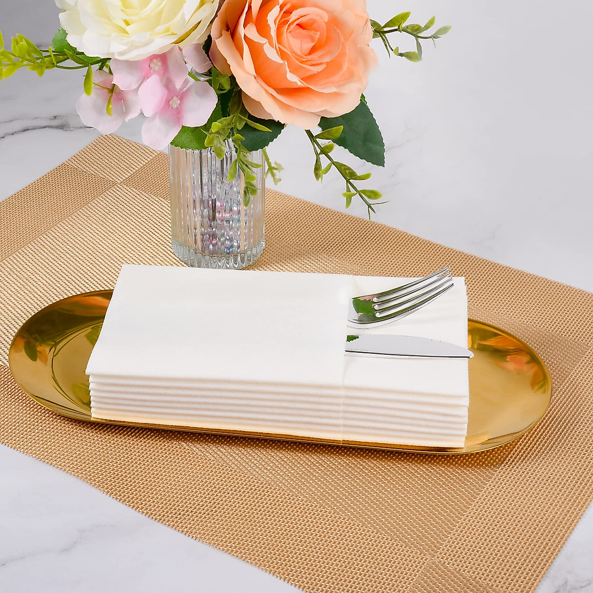 White Dinner Napkins Disposable - 100Pack Linen-Feel Paper Napkins with Built-in Flatware Pocket, Prefolded Cloth Like Paper Napkins Bulk For Dinner, Wedding, Party or Everyday Use