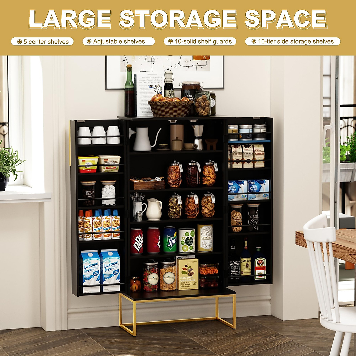 HOLTICO 46.5'' Accent Wood Kitchen Pantry with Doors, Storage Cabinet with Adjustable Shelves, Food Pantry Cabinet for Kitchen, Dining Room, Living Room and Garage, Metal Legs,Black