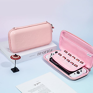 Geekshare Sakura Pink Carry Case Compatible with Nintendo Switch/Switch OLED Model – Ultra Slim Portable Hard Shell Travel Case for Switch Console & Accessories – 10 Game Cards