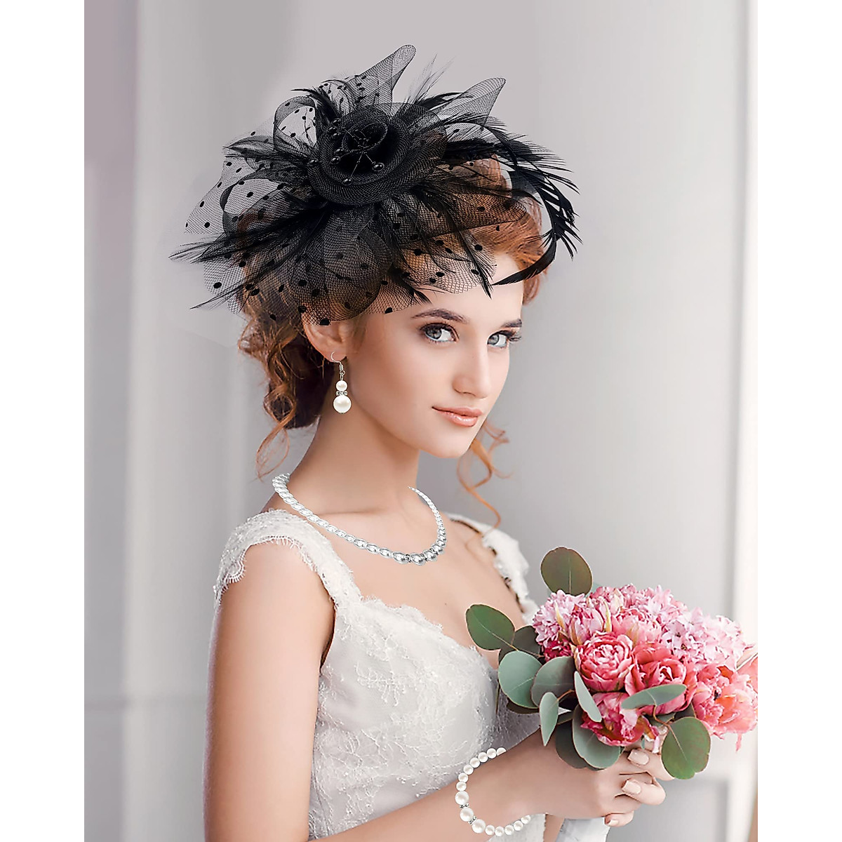 1920s Black Fascinators Hat Set for Women Tea Party Headband Lace Gloves Pearl Jewelry Set Cocktail Tea Party Banquet Wedding Halloween Retro Tiara