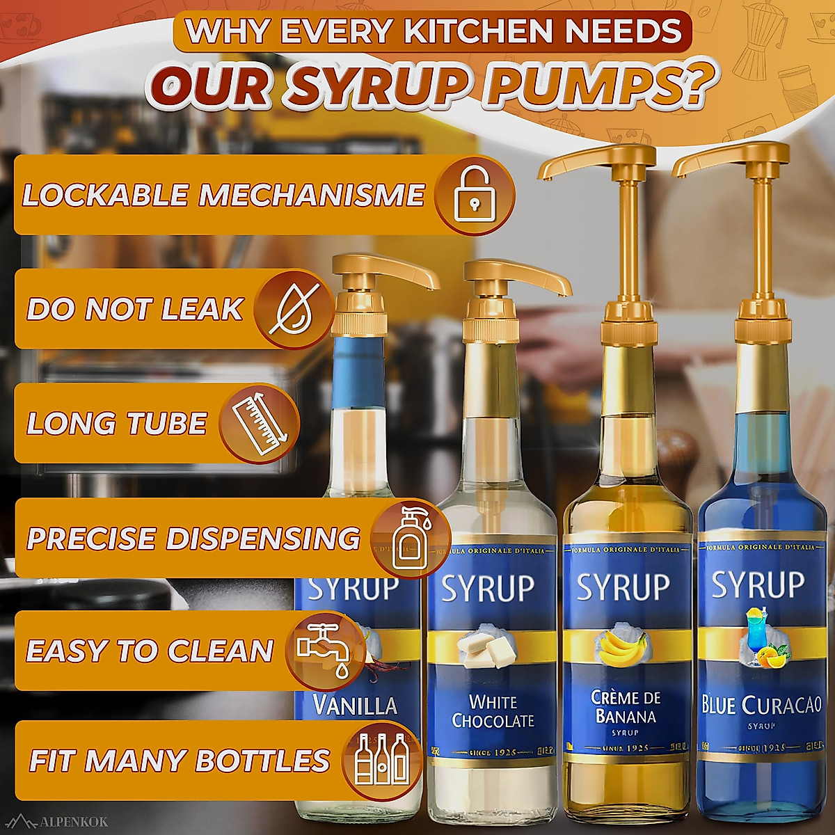 4Pcs Coffee Syrup Pump Dispenser Compatible with Torani Syrup Pump - Creamer Pump for Coffee Syrup Bottle (25.4 oz-750ml) - Davinci Syrup Pump Bottle Pump Dispenser Coffee Syrup Pumps ALPENKOK