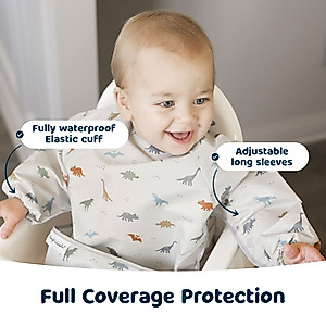 Tiny Twinkle Mess Proof Baby Bib, Cute Full Sleeve Bib Outfit, Waterproof Bibs for Toddlers, Machine Washable, Tug Proof Closure, Baby Smock for Eating, Long Sleeve (Dinosaur, Small 6-24 Months)