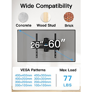 Pipishell Full Motion TV Wall Mount for Most 26-60 inch Flat & Curved TVs up to 77 lbs, Single Articulating Arm, Adjustable Bracket Height, Extension, Max VESA 400x400mm, PIMF9