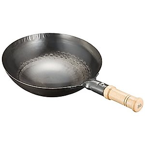 Yamada Kogyo Single Hand Wok Iron Hammered Wooden Handle 30cm