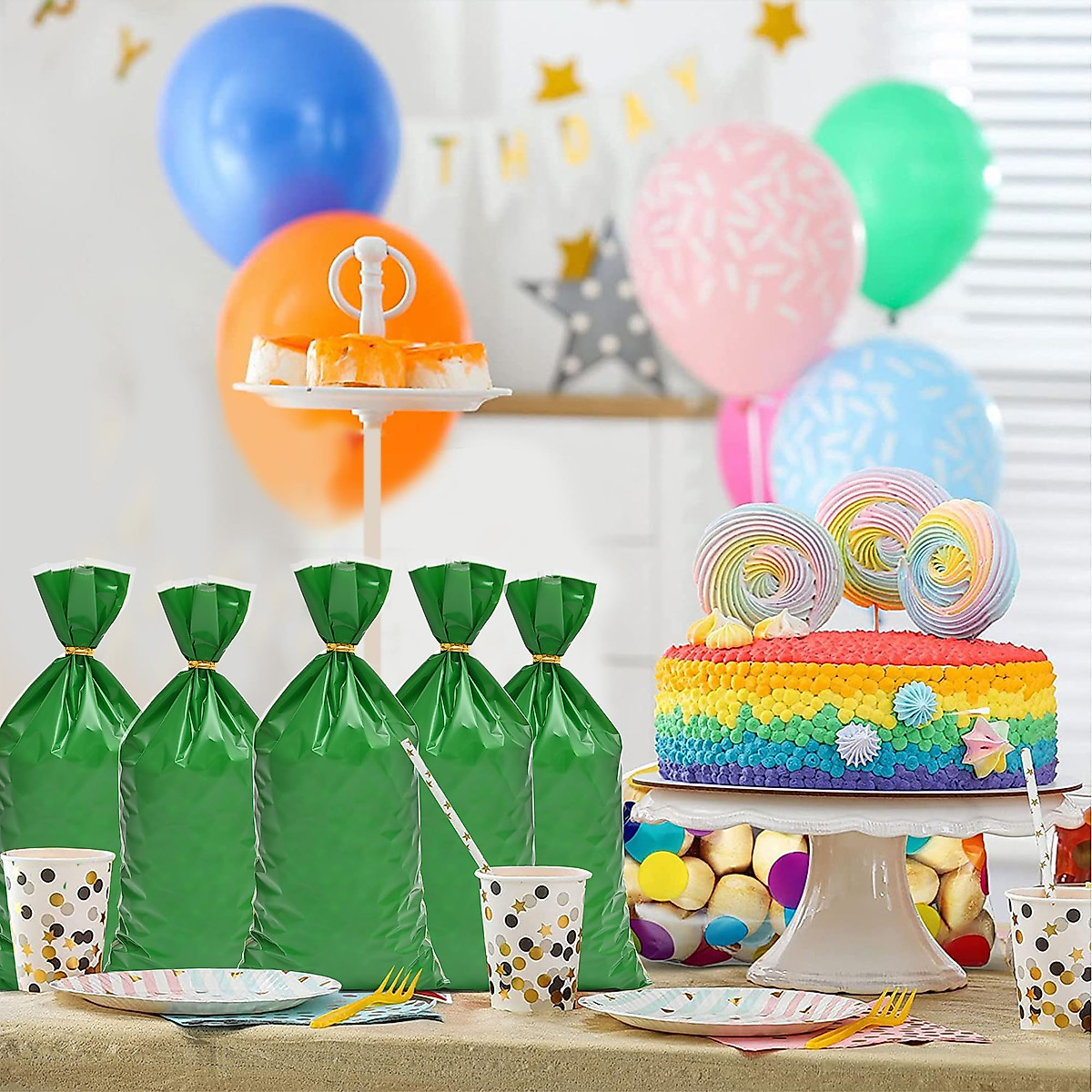Lecpeting 100 Pcs Cellophane Treat Bags Plastic Goodie Storage Bags Party Favor Candy Bags with Twist Ties for Gift Wrap Birthday Wedding Baby Shower Christmas Party Supplies (Green)