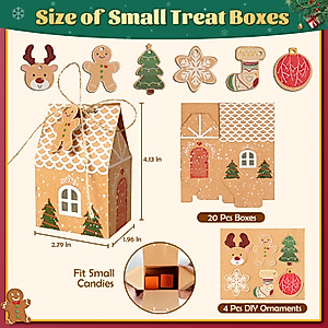 ZMLM Small Christmas Treat Boxes 20Pcs Christmas Gingerbread Boxes with 24 Ornaments Tags, Mini Christmas Gift Boxes Candy Cookie Boxes Kraft Wrapping Paper Gift Wrap Bags for Xmas Party Favors Gifts