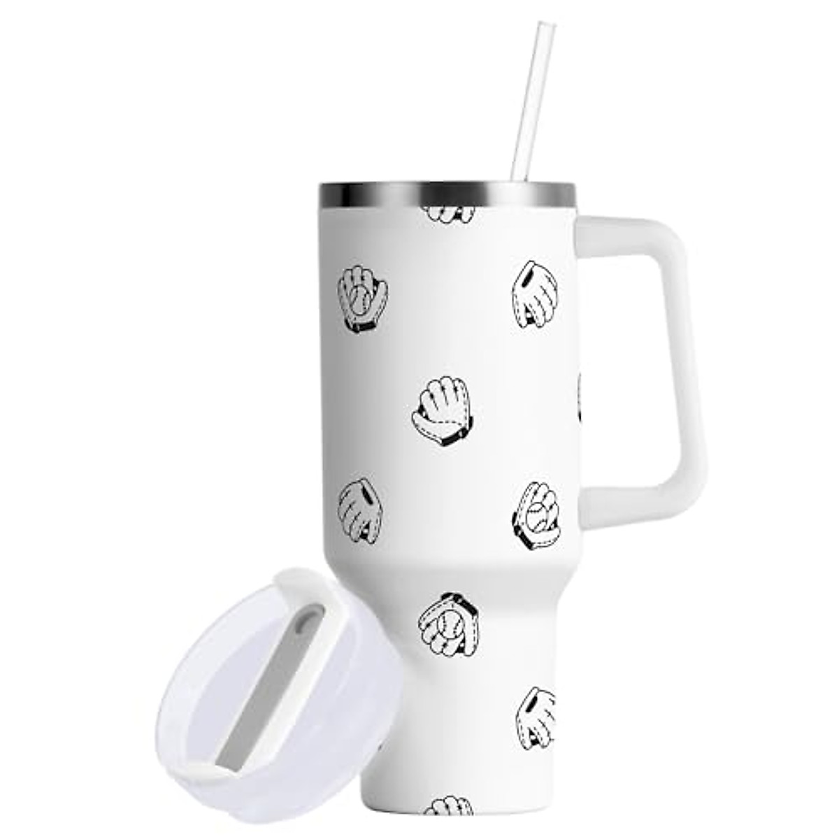 DIGTIA Stainless Steel Insulated Tumbler w/Handle & Straw, Baseball Double Wall Vacuum Travel Coffee Mug Cup w/Lid, Leak-Proof Sports Glove Sport Water Bottle,40oz