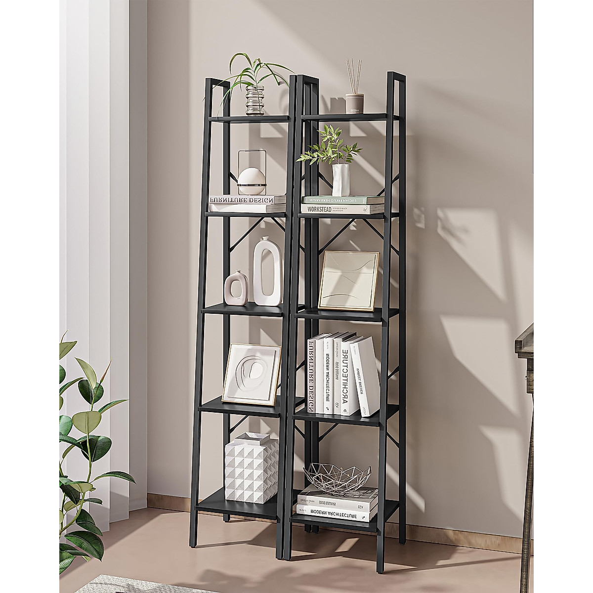 Hzuaneri Ladder Shelf, Bookshelf Bookcase, Freestanding Corner Storage Shelve with 2 Hooks for Home Office, Living Room, Kitchen, Bedroom, Industrial, 5-Tier Black BC03204B