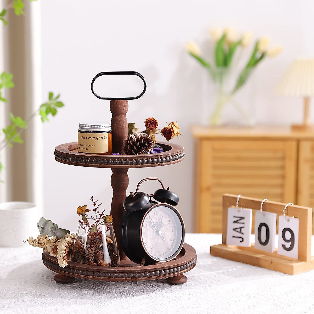 Urban Deco Wooden Decorative Tray Two Tiered Tray Decorations Round Serving Tray with Metal Handle, Wooden Cupcake Stand for Party Tiered Dessert Stand - Dark Brown Farmhouse Wooden Tray