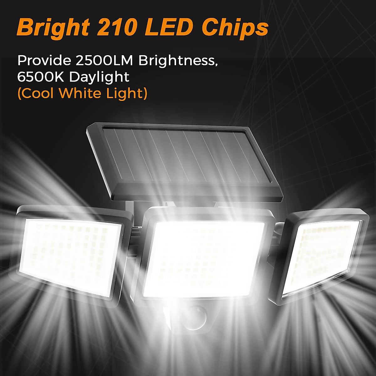 KERNOWO Solar Lights Outdoor, 210 LED 2500LM Solar Flood Security Lights with 25FT Motion Sensor IP65 Waterproof 3 Heads Spot Flood Wall Lights for Porch Garage Yard Entryways Patio (Black, 2pcs)