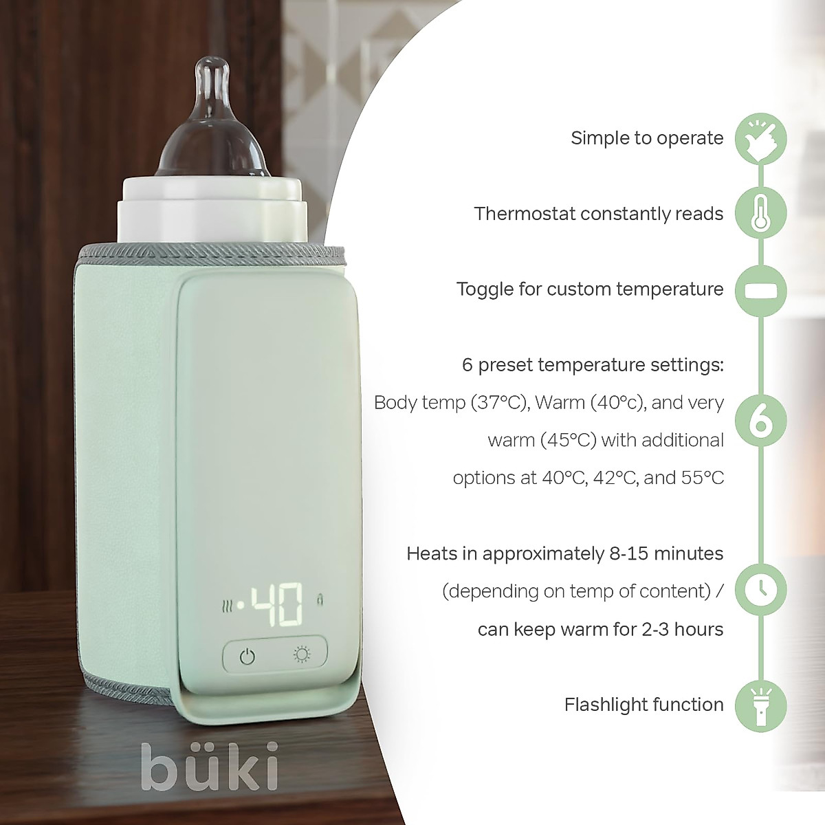 Büki Portable Bottle Warmer for Breastmilk or Baby Formula - Fast Heating + Leak-Proof + Adjustable Travel Warmer with Battery-Powered Temperature Display, Flashlight - 6000MAH Rechargeable Battery