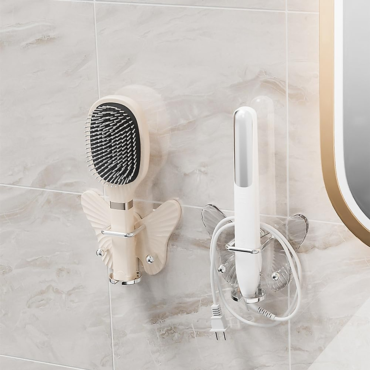 WAYUTO 2Pcs Butterfly Hairbrush Holders Punch Free Comb Holder Wall-Mount Comb Display Rack Rubber Band Hand Mirror Organizer Plastic Round Hair Brush Storage Holder for Salon Bathroom Home