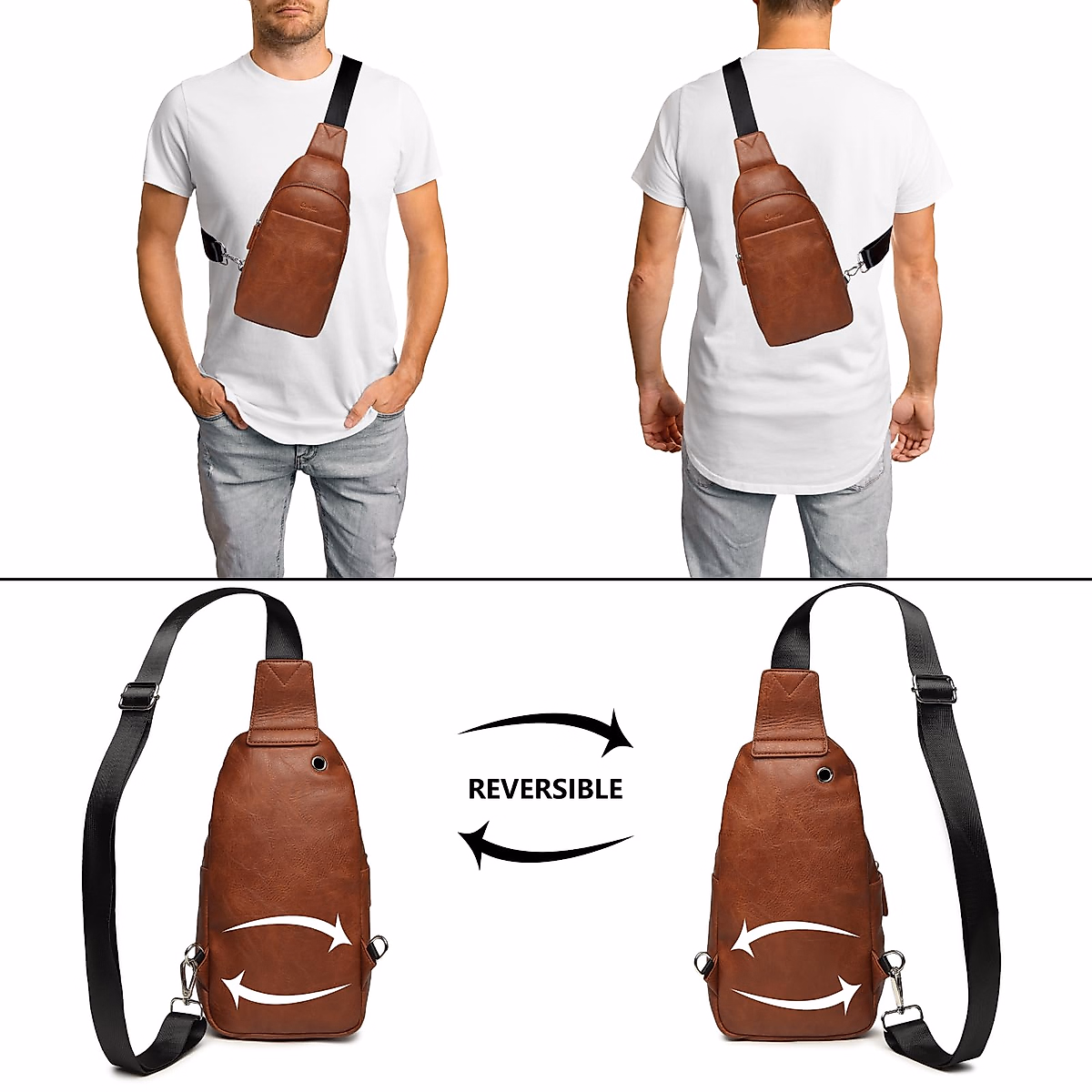 CANTLOR Small Sling Bag Crossbody Backpack Shoulder Bag for Men PU Leather Sling Backpack Daypack for Travel Cycling