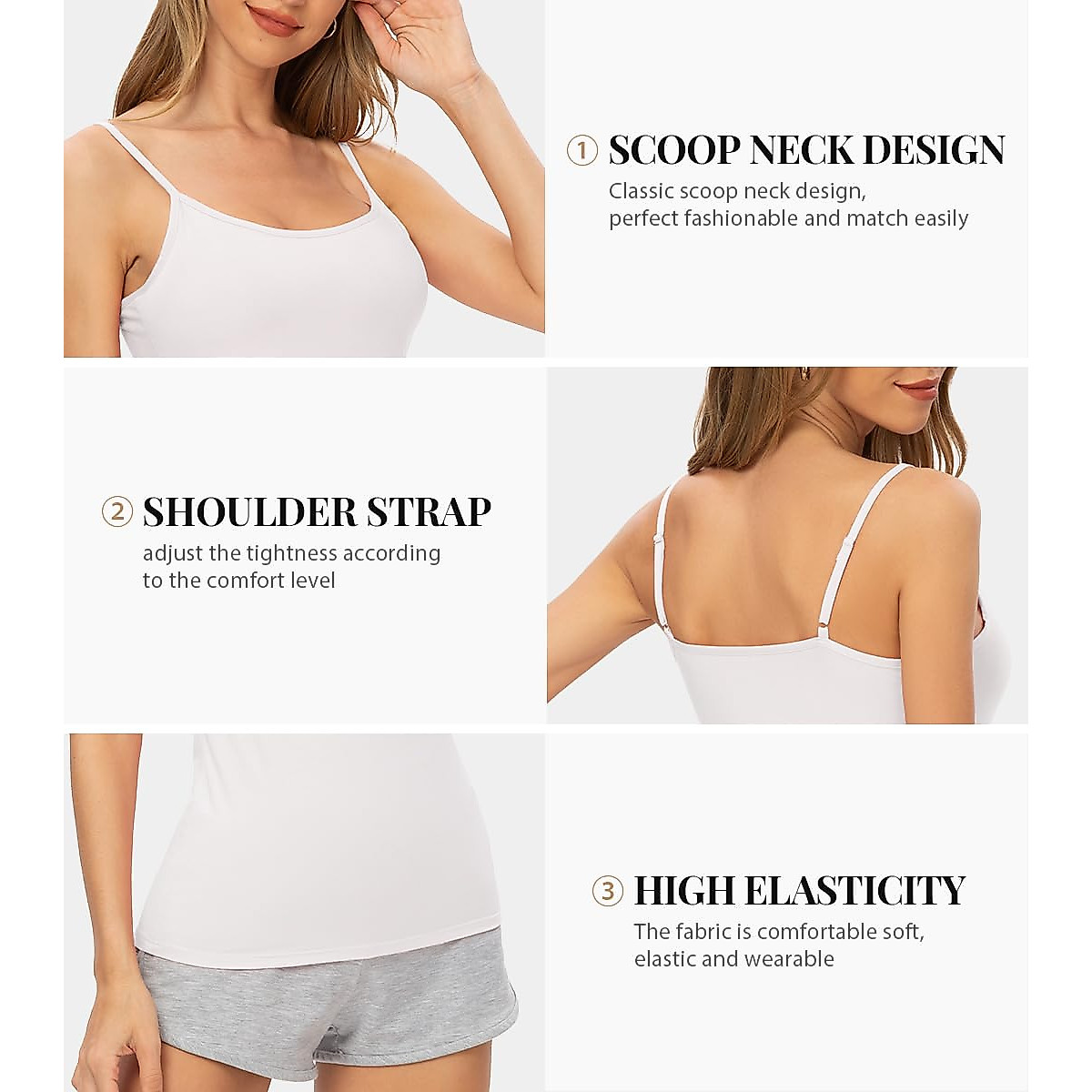 Rosyline 4 Piece Women Camisole Basic Undershirt Adjustable Spaghetti Strap Tank Top Black/Grey/Black/White M